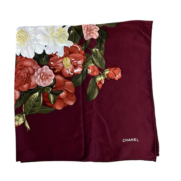 CHANEL | Accessories | Chanel Luxury Designer Burgundy Silk Floral ...
